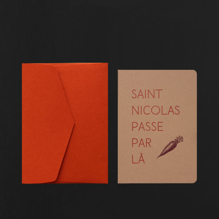 Folded Card SAINT NICOLAS PASSE PAR LA on deer paper + mandarin envelope